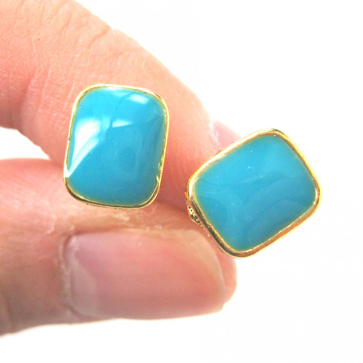 Small Turquoise Blue On Gold Rectangular Stud Earrings Simple And Cute ...