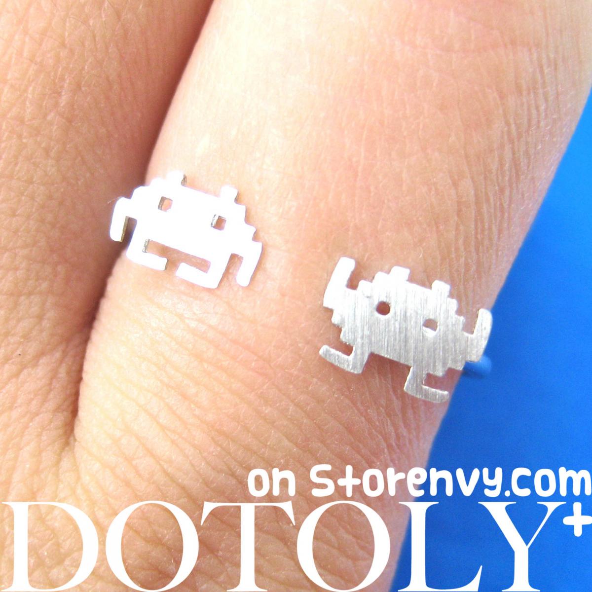 Atari Space Invaders Alien Pixel Adjustable Ring In Sterling Silver on ...