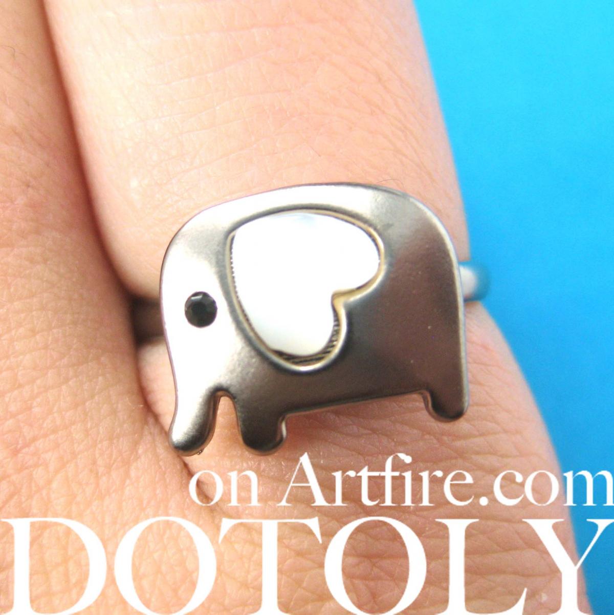 Adjustable Elephant Ring In Dark Silver With Pearl Heart Shaped Ears on ...